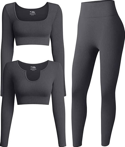 Oqq Womens 3 Piece Ribbed Exercise Long Sleeve Crop Top Workout High