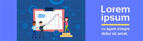 혼합 경주 남자 여자 캐릭터 브레인스토밍 포인트 클립보드 금융 그래프 서식 파일 디자인 작업 및 파란색 배경 전체 길이 복사본 공간에 애니메이션에 대 한 가리키기에 대한