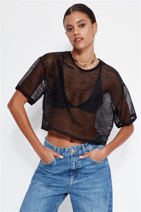 Trendyolmilla Siyah Tül Relaxed Geniş Rahat Kesim Crop Bisiklet Yaka