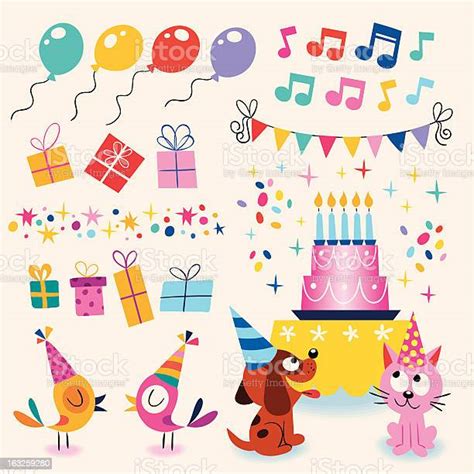 행복함 버스데이 디자인 요소 세트 생일에 대한 스톡 벡터 아트 및 기타 이미지 생일 개 애완고양이 Istock