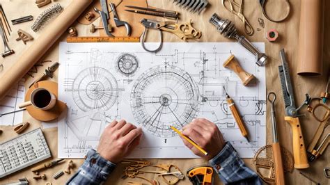 Architect S Hands Sketching Intricate Circular Blueprints Surrounded By Various Drafting Tools