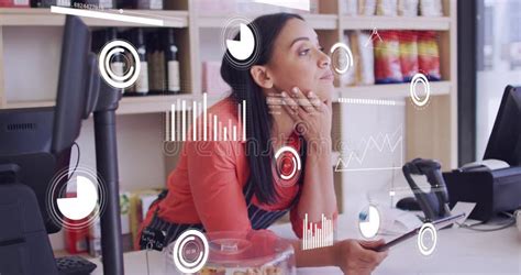 image of icons and data processing over woman with tablet in shop stock