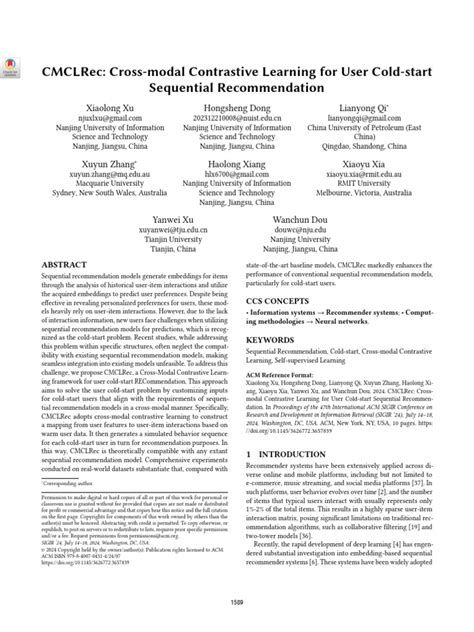 Cmclrec Cross Modal Contrastive Learning For User Cold Start Sequential Recommendation Pdf