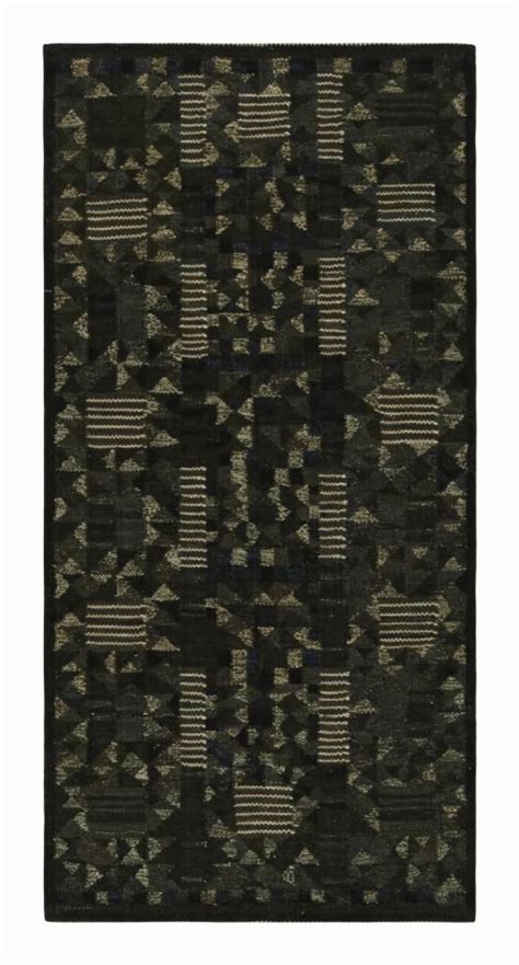 Scandinavian Rug In Blue And Beige Geometric Patterns Hand Knotted Wool