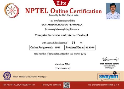 Finished Nptel Online Course Computer Networks And Internet Protocols Santan Perumalla Posted On