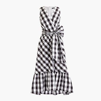 J Crew Sleeveless Faux Wrap Dress In Gingham Cotton Poplin