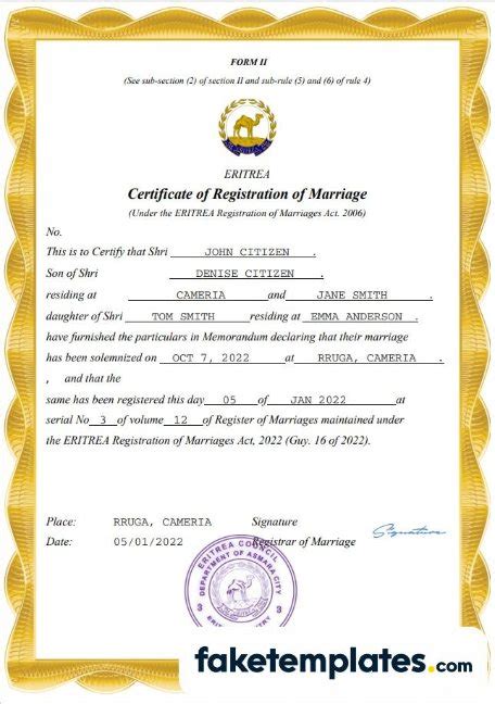 Fake Eritrea Marriage Certificate Download Word And Pdf Template