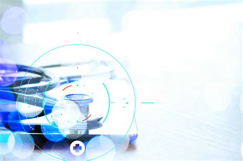 청진 기 및 얕은 Dof와 디지털 태블릿의 스튜디오 매크로 균등 하 게 일치 하는 나무 테이블 배경 복사 공간에 개요 간호사에 대한 스톡 사진 및 기타 이미지 Istock