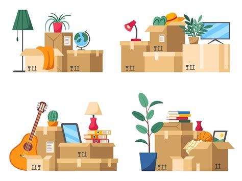 Premium Vector Moving Home Boxes Pile House Stuff Packed In Cardboard