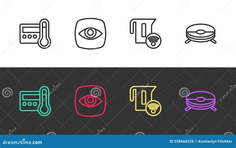 Set Line Thermostat Security Camera Smart Electric Kettle And Robot Vacuum Cleaner On Black