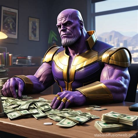 Thanos Sitting At A Desk With Money In The Style Of A Gta Loading