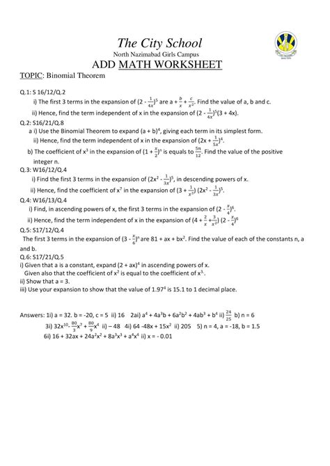 The City School North Nazimabad Girls Campus Class 11 Binomial Theorem