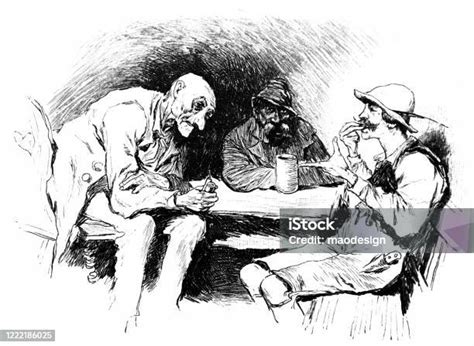 Percakapan Pekerja Di Bilah Ilustrasi Stok Unduh Gambar Sekarang Bir Cetak Tunggal Etsa