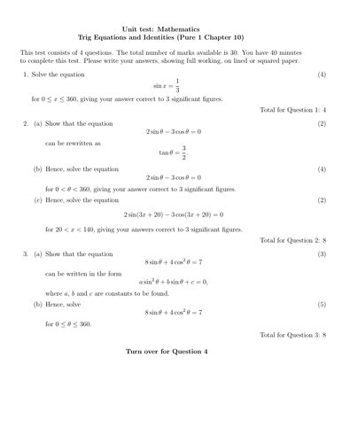 Edexcel Pure 1 Chapter 10 Unit Test Trigonometric Identities And Equations Teaching Resources
