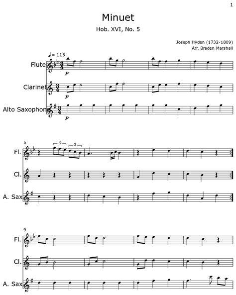 Minuet Sheet Music For Flute Clarinet Alto Saxophone
