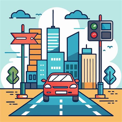 Car At A Crossroads With Traffic Lights And Warning Signs For