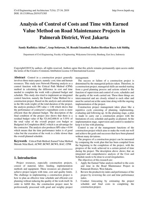 Pdf Analysis Of Control Of Costs And Time With Earned Value Method On Road Maintenance