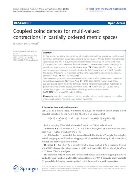 Pdf Coupled Coincidences For Multi Valued Contractions In Partially Ordered Metric Spaces