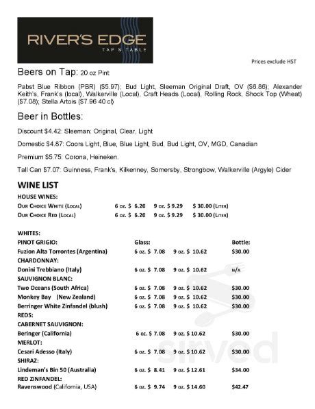 Rivers Edge Tap And Table Menus In Windsor Ontario Canada