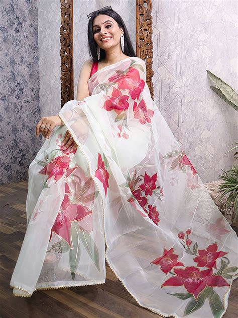 Buy Lovely Off White Floral Print Organza Designer Saree Zeel