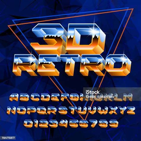 3d 복고풍 알파벳 글꼴입니다 대문자 와 숫자 추상 파란색 배경입니다 1980 1989 년에 대한 스톡 벡터 아트 및 기타