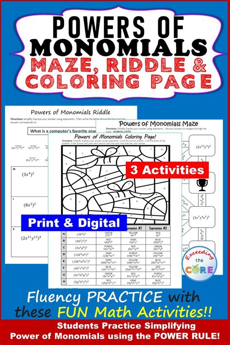Power Of Monomials Maze Riddle Coloring Page Print And Digital