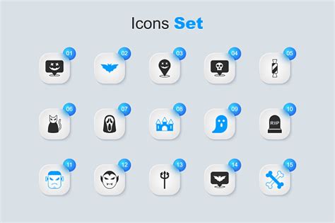 비행 박쥐 재미 있고 무서운 유령 마스크 프랑켄슈타인 얼굴 교차 뼈 Rip가 쓰여진 묘비 해피 할로윈 휴일 및 성 아이콘 설정 벡터 개에 대한 스톡 벡터 아트 및 기타