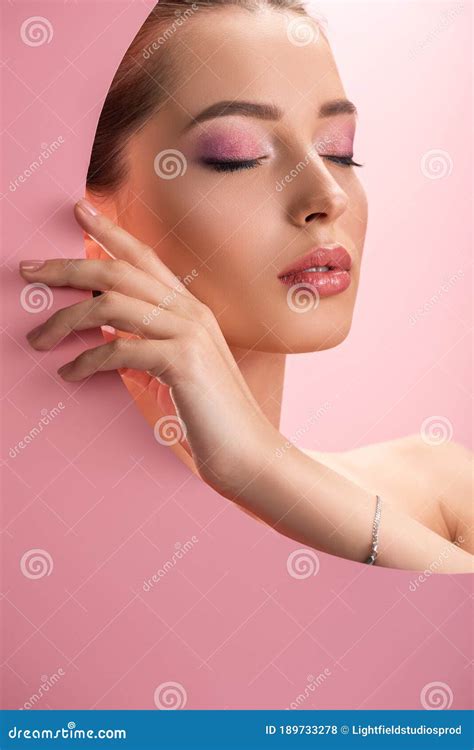 Naked Woman With Shiny Makeup In Stock Photo Image Of Portrait Face