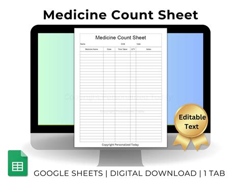 Medicine Count Sheet Daily Medication Times And Doses Tracker For One