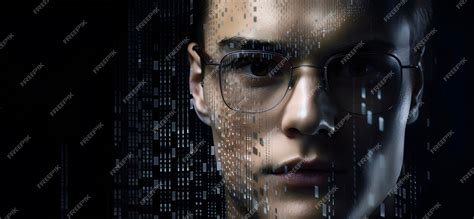 Premium AI Image | Realistic looking young man face with glasses made from binary code on black ...