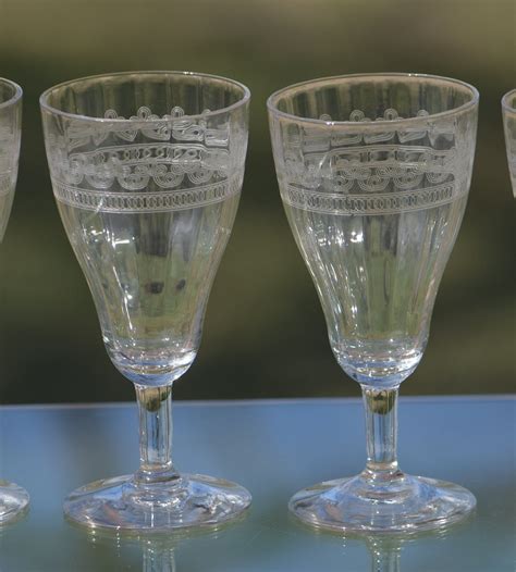 Antique Needle Etched Optic Wine Glasses Set Of 7 Circa 1920s