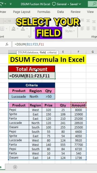 Dsum Formula Sum Values Based On Multiple Criteria In Excelexceltips Exceltutorial Youtube