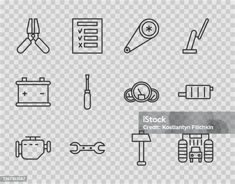 세트 라인 체크 엔진 세차 타이밍 벨트 키트 렌치 스패너 배터리 점퍼 전원 케이블 드라이버 해머와 머플러 아이콘 벡터 건설 산업에 대한 스톡 벡터 아트 및 기타 이미지