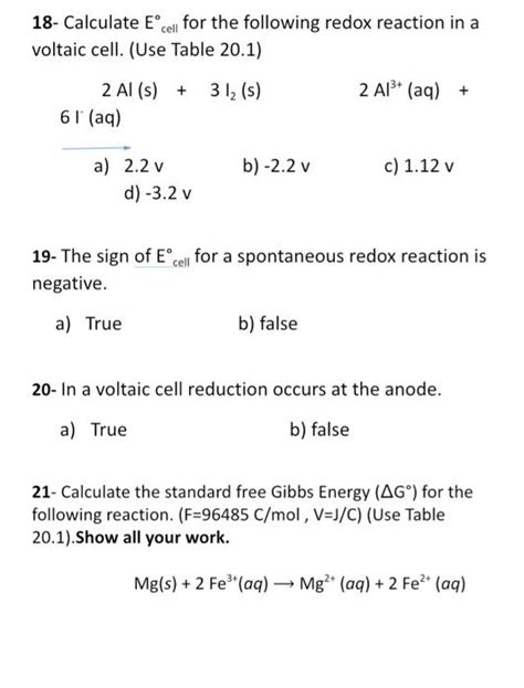 Solved 18 Calculate Eºcell For The Following Redox Reaction