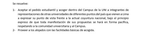 Protestas en Lima Consejo Universitario de la UNI acordó recibir a estudiantes de regiones que