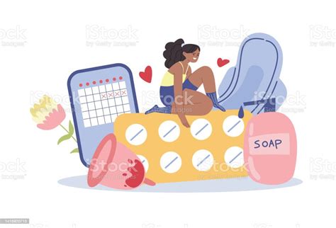 월경 테마 여성 위생 패드 비누 생리컵 달력 진통제 여성의 건강 개념 여성 위생 제품 흰색 배경에 고립 된 만화 벡터 일러스트레이션 월경에 대한 스톡 벡터 아트 및 기타