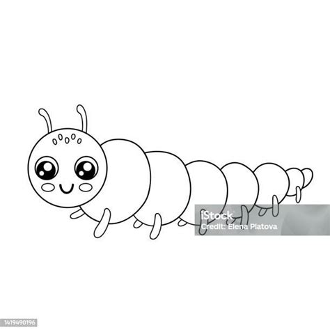 흰색 배경에 고립 된 귀여운 윤곽선 애벌레 유치한 색칠 공부 책을위한 재미있는 곤충 만화 벡터 라인 일러스트 레이 션 0명에