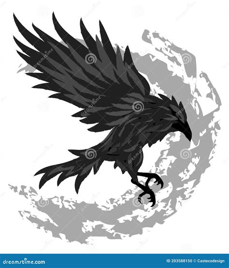 Flying Black Raven With Gray Brush Strokes In Background Vector