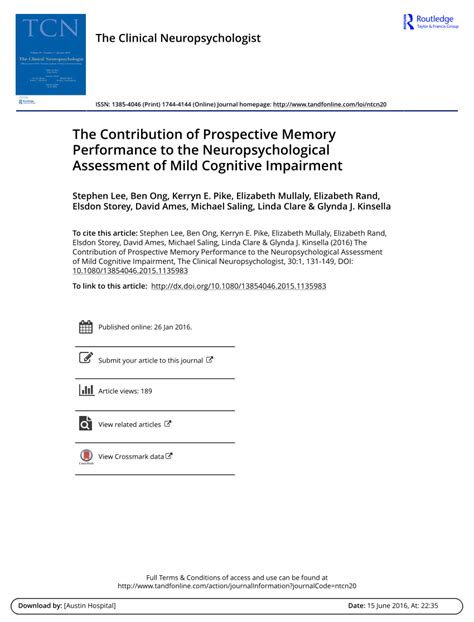 Pdf The Contribution Of Prospective Memory Performance To The Neuropsychological Assessment Of