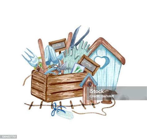 정원 개체의 수채화 세트 악기 화분 조류 피더나무 상자 원예 도구 봄 정원 일러스트레이션 0명에 대한 스톡 벡터 아트 및 기타 이미지 Istock