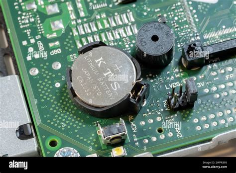 Detailed Close Up View Of A Cmos Battery Installed On A Computer Motherboard Bios Memory Power
