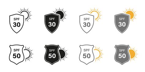 자외선 차단 라인과 실루엣 아이콘 세트 자외선 차단제 Spf 30 50 피부 보호 픽토그램 방패 블록 자외선 기호 모음입니다