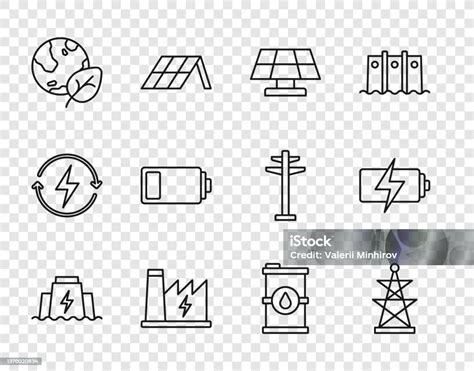 세트 라인 수력 댐 전기 타워 태양 에너지 패널 원자력 발전소 지구 지구 와 잎 배터리 바이오 연료 배럴 및 아이콘 벡터 강에 대한 스톡 벡터 아트 및 기타 이미지 Istock