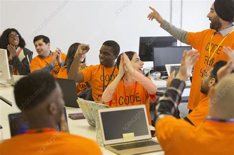 Happy Hackers Coding At Hackathon Stock Image F0223022 Science