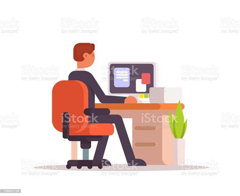 책상에 앉아 컴퓨터에서 일하는 사업가 플랫 스타일 벡터 일러스트레이션 뒤에 대한 스톡 벡터 아트 및 기타 이미지 뒤 사람들