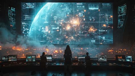 A Futuristic Control Room With People Monitoring A Global Network On Large Screens Premium Ai