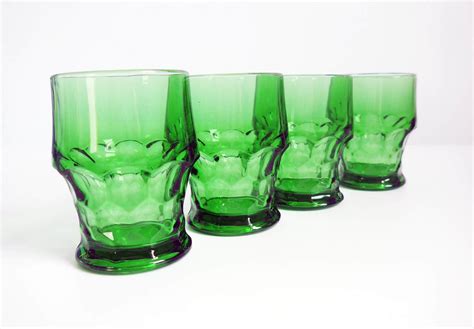 Vintage Set Of 4 Anchor Hocking Green Thumbprint Glasses Vintage