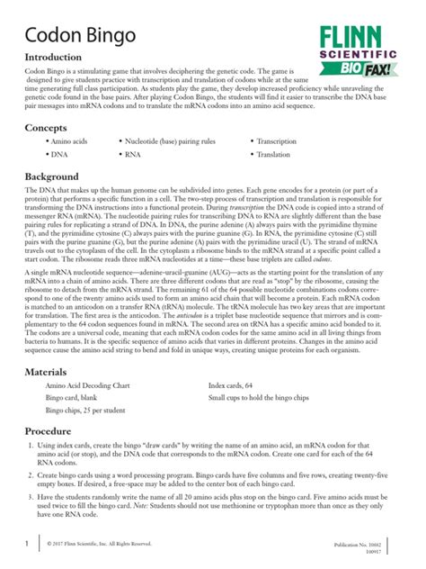 codon bingo game pdf pdf genetic code translation biology