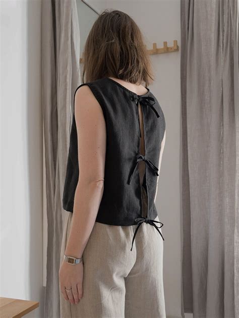 Linen Back Tie Crop Top Linen Crop Top With Ties Tied Up Back Top Etsy
