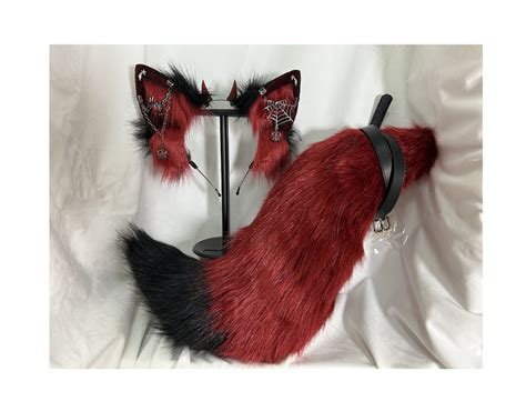 Handmade Goth Devil Wolf Ears Tail Furry Faux Fur Black Red Wolf Ears